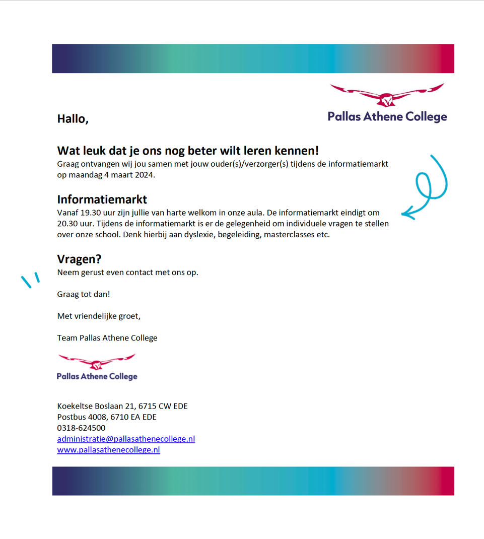 Informatiemarkt maandag 4 maart - Pallas Athene College | Ede